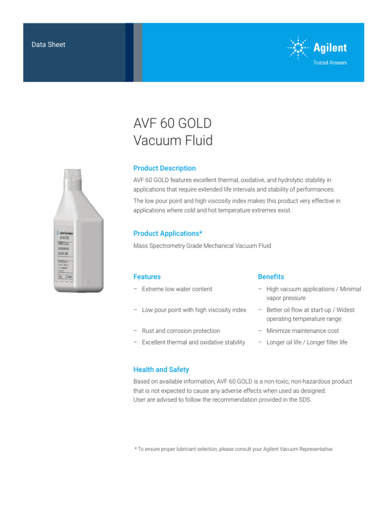 Data Sheet Rotary Vane Pump Fluid AVF 60 Gold 5994 1881en Agilent | PDF | Viscosity | Vacuum