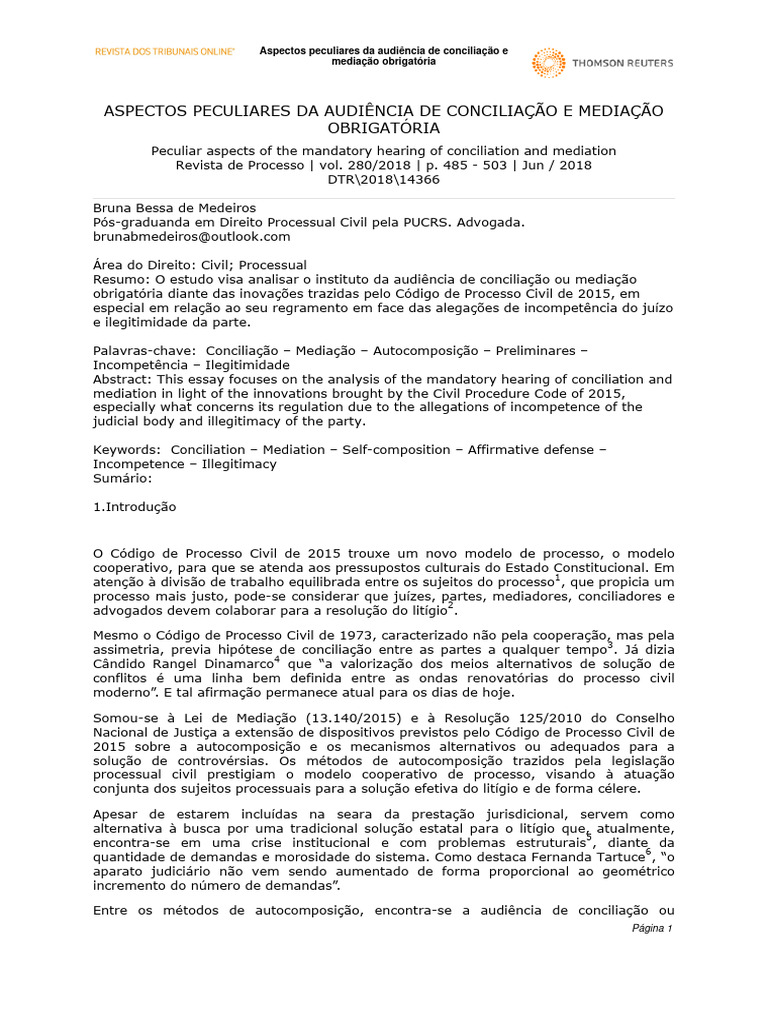 ASPECTOS PECULIARES DA AUDIÊNCIA DE CONCILIAÇÃO E MEDIAÇÃO OBRIGATÓRIA ...