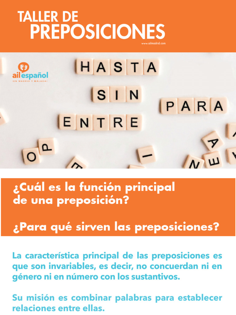 Presentacion Taller Uso Preposiciones Espanol | PDF | Preposición y ...