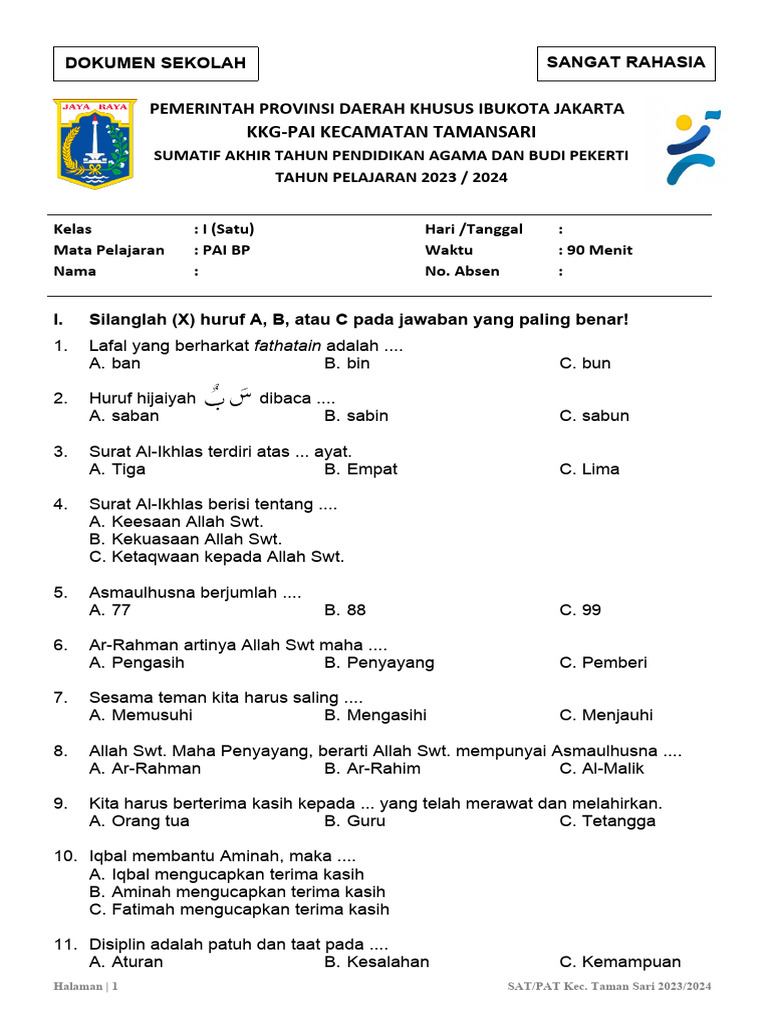 Soal Sat Kelas 1 Semester 2 | PDF