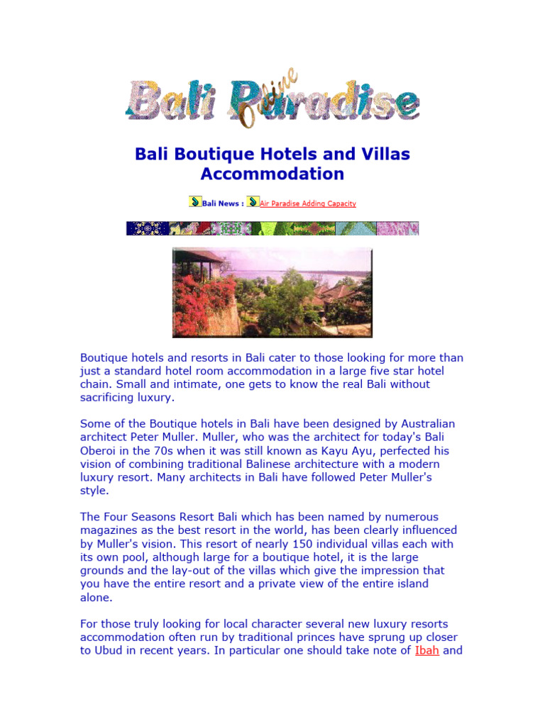 Bali Boutique Hotels and Villas Accommodation | PDF | Bali | Hotel