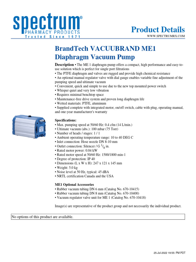 BrandTech VACUUBRAND ME1 Diaphragm Vacuum Pump | PDF | Vacuum | Pump
