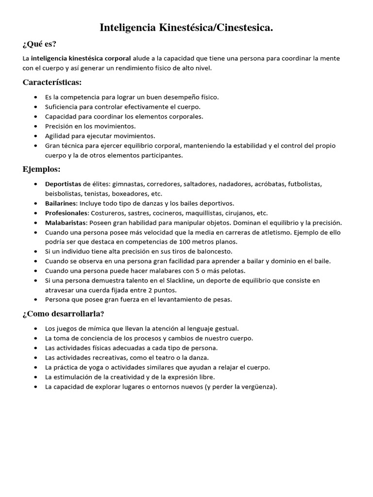 Inteligencia KinestesicaSinestesica PDF Autosuperaci n