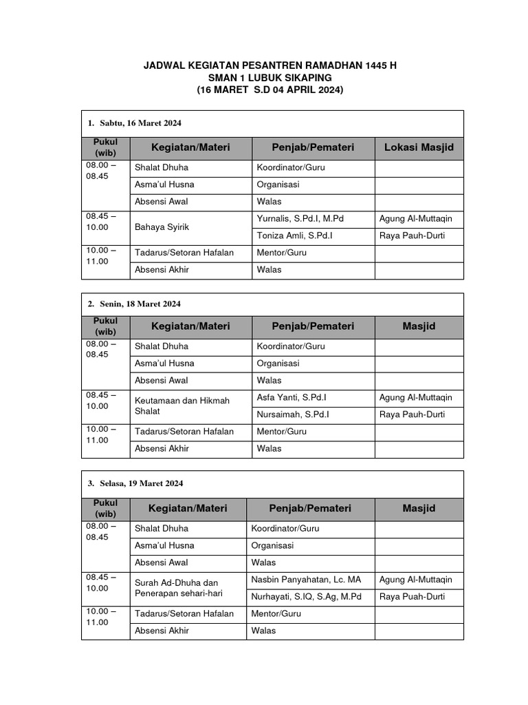 Jadwal Kegiatan Pesantren Ramadhan 1445 H | PDF