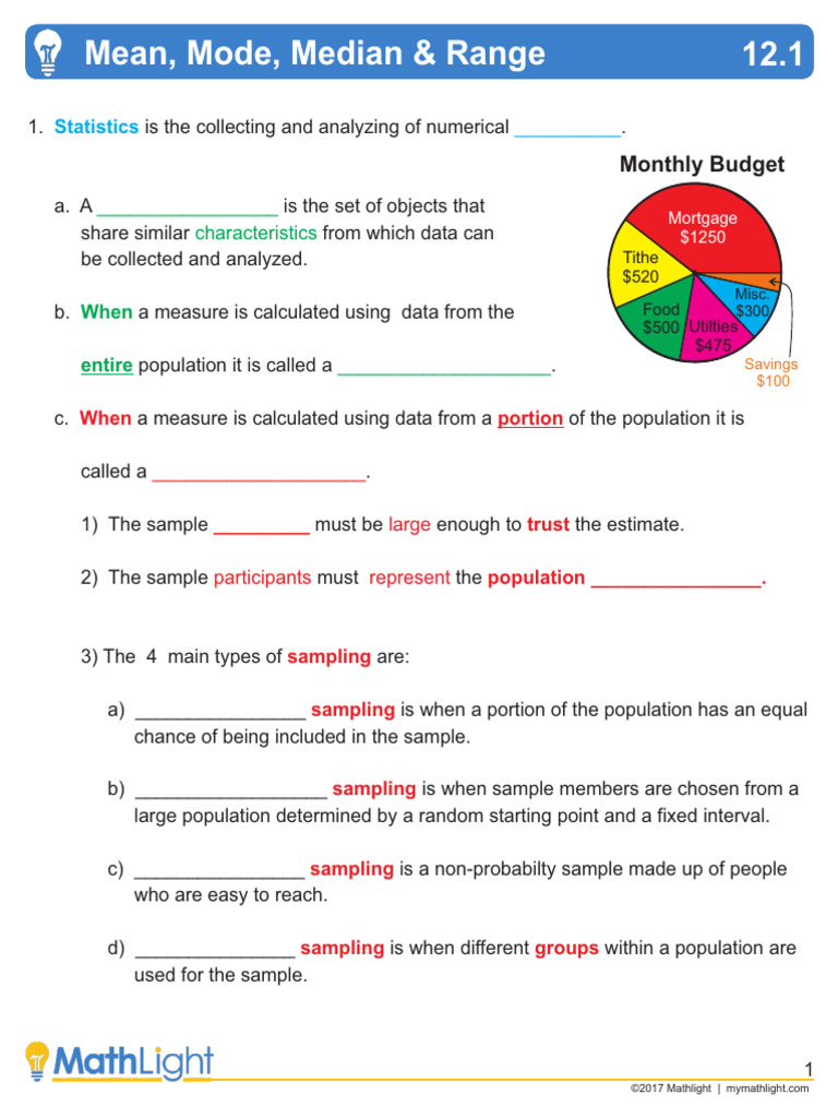 Notes Mean Median Mode and Range | PDF | Mean | Sampling (Statistics)