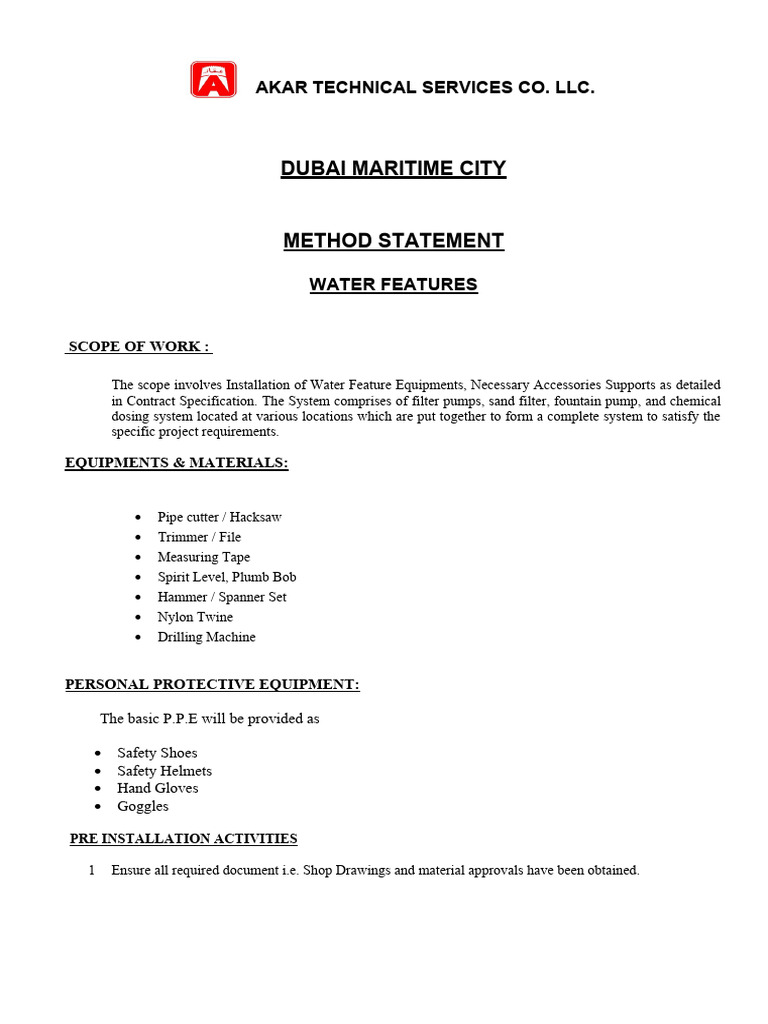 Method Statement Water Features | PDF | Pipe (Fluid Conveyance) | Pump
