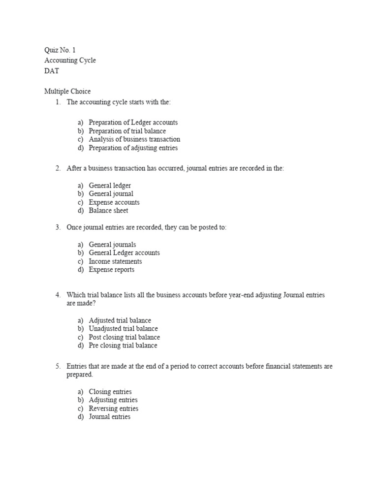 Accounting Cycle Quiz Overview | PDF | Debits And Credits | Financial ...