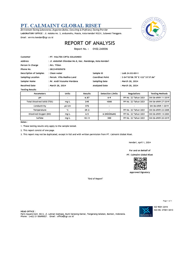 Clean Water Analysis Report 0102.240006 | PDF | Chemistry