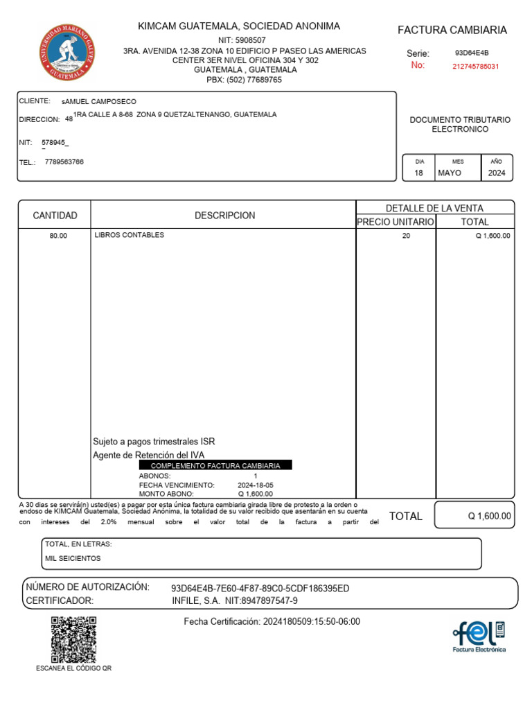 Kimbedeama Factura Cambiaria LP | PDF | Factura | Documentos empresariales