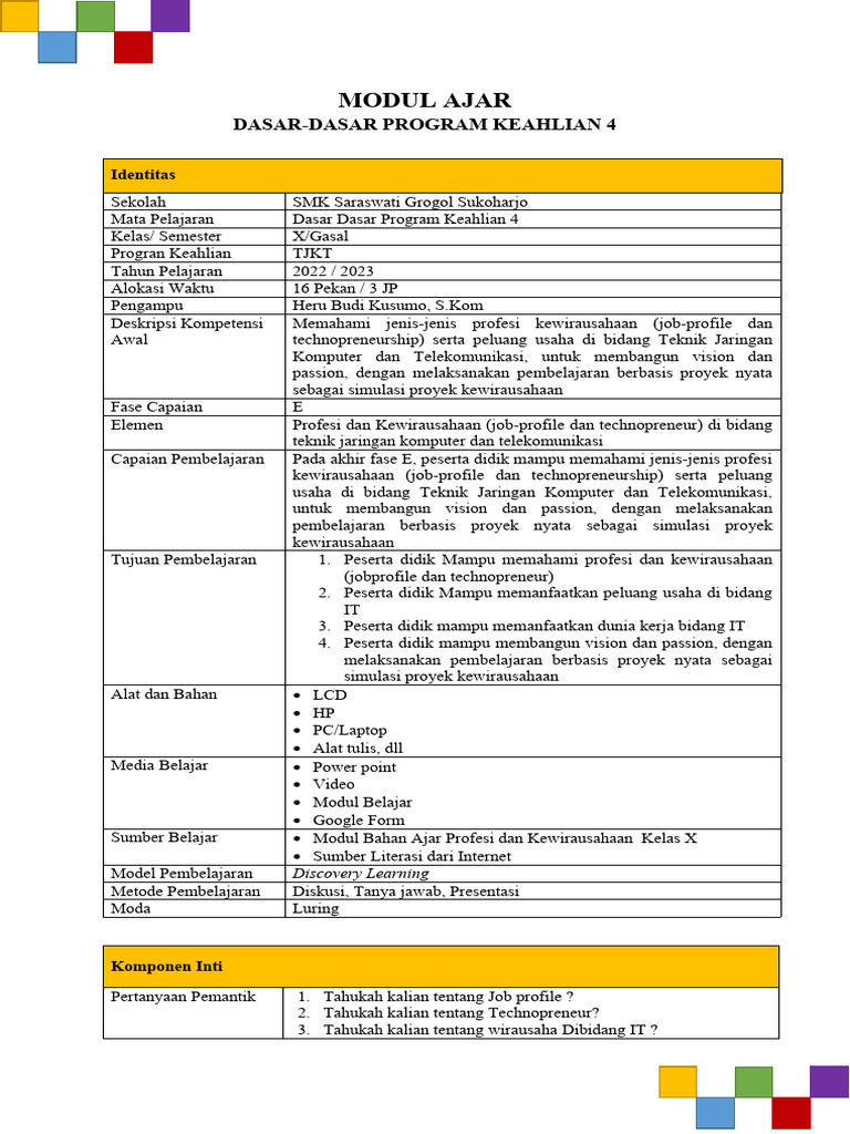 MODUK AJAR Profesi Dan Kewirausahaan Heru Budi K X TKJ | PDF