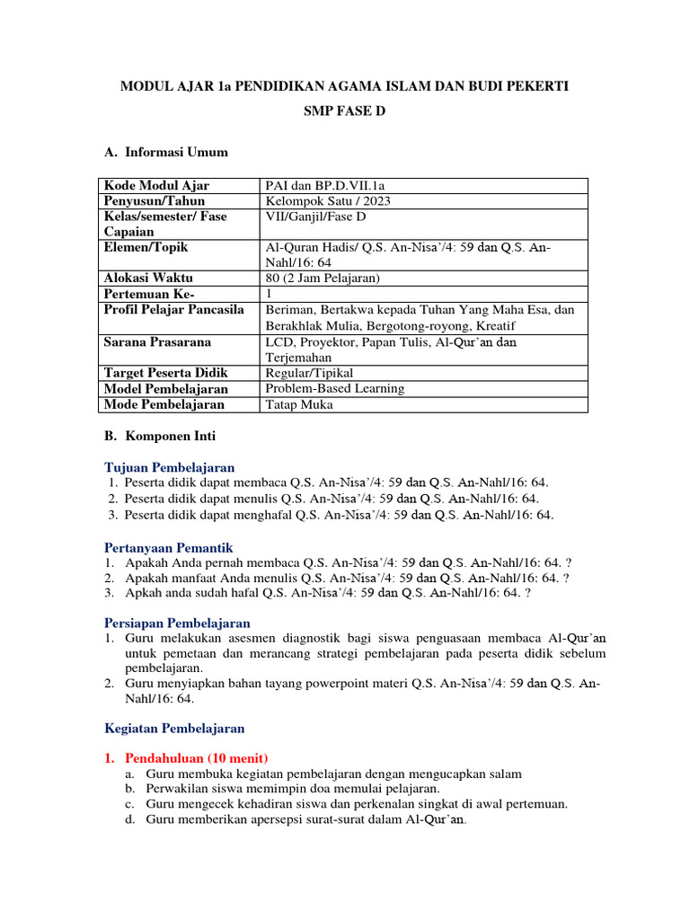 Modul Ajar Kelas Vii SMT Ganjil (Kel.1) | PDF