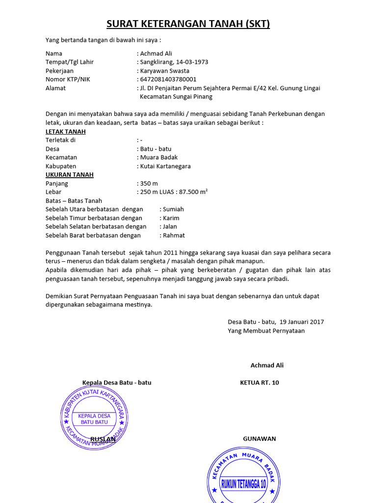 Surat Keterangan Tanah Lahan (SKT) Batu Batu Achmad Ali 2 | PDF