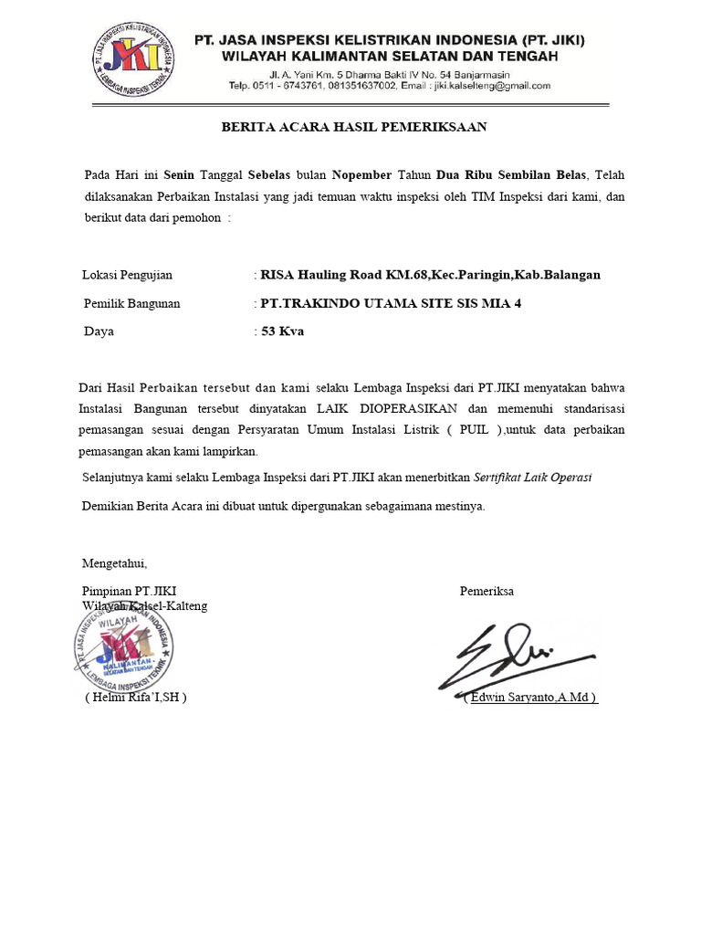 Berita Acara Pemeriksaan Trakindo Utama | PDF