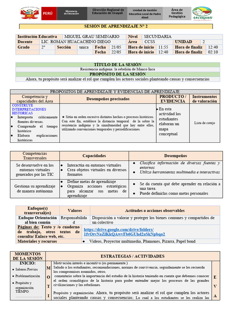 FORMATO Sesión de Aprendizaje - UGEL PADRE ABAD - 2024 CCSS 2° EDA 2 semana 2 | PDF | Evaluación ...