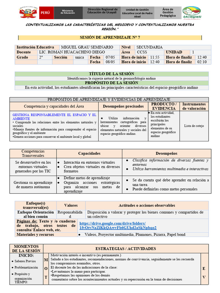 FORMATO Sesión de Aprendizaje - UGEL PADRE ABAD - 2024 CCSS 4° EDA 1 Semana 6 | PDF | Evaluación ...