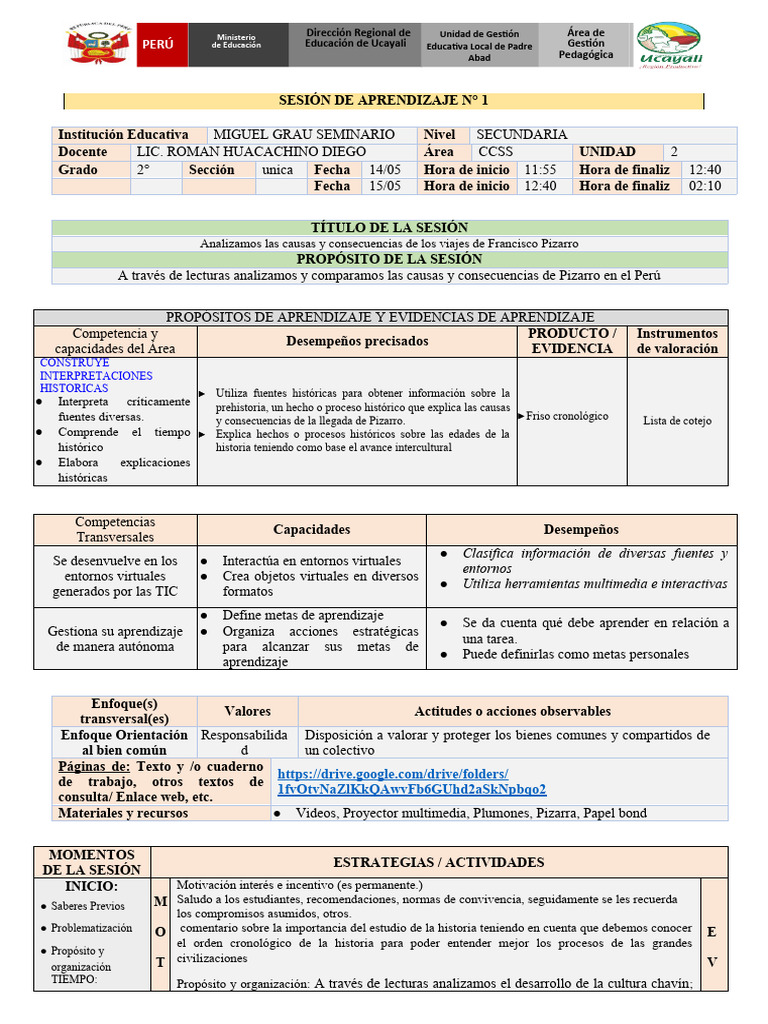 FORMATO Sesión de Aprendizaje - UGEL PADRE ABAD - 2024 CCSS 2° EDA 2 Semana 1 | PDF | Evaluación ...