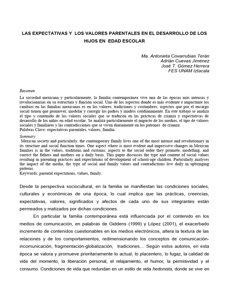 LAS EXPECTATIVAS Y LOS VALORES PARENTALES RESPECTO AL DESARROLLO DE SUS ...
