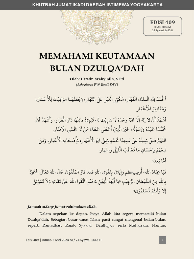 Edisi 409 - 030524 - Wahyudin - Memahami Keutamaan Bulan Dzulqa'Dah | PDF