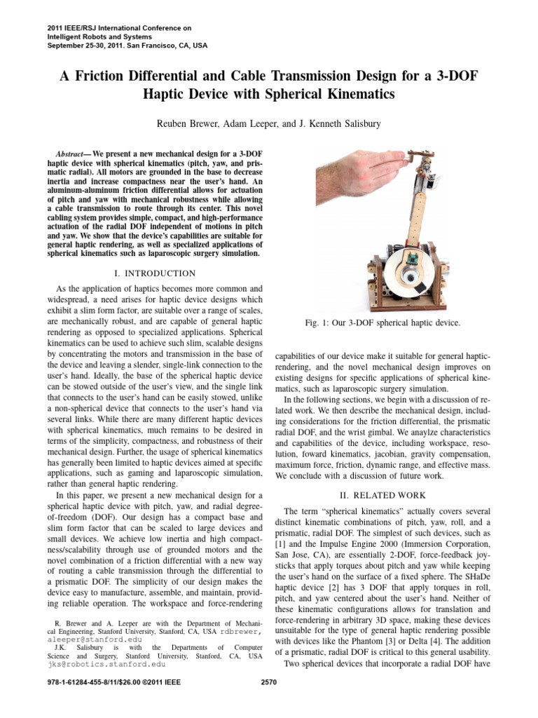 2011 Brewer IROS Spherical Haptic Device | PDF | Machines | Gear