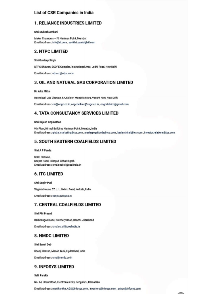 CSR Companies List With Email Id | PDF