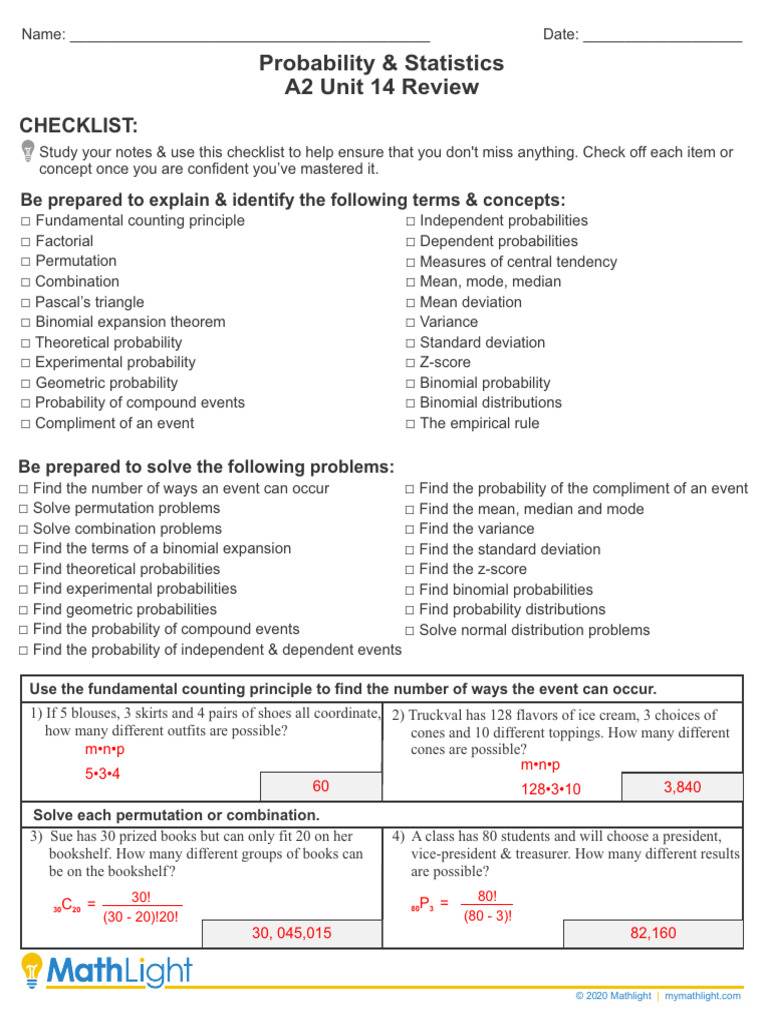 Review Answer Key A2 U14 | PDF | Probability | Mean