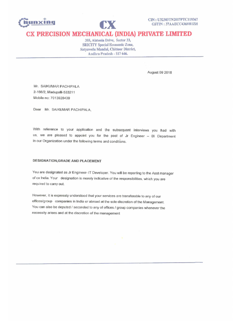 CX Offer Letter | PDF