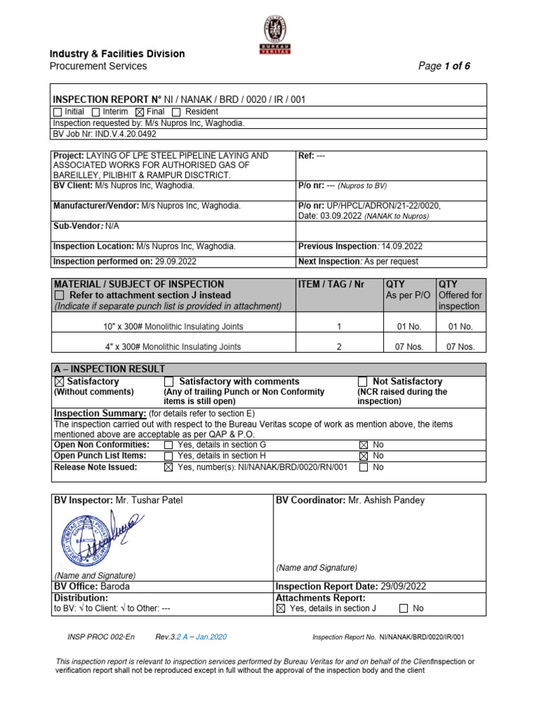 Insp Report-001 | PDF | Pipe (Fluid Conveyance) | Nondestructive Testing