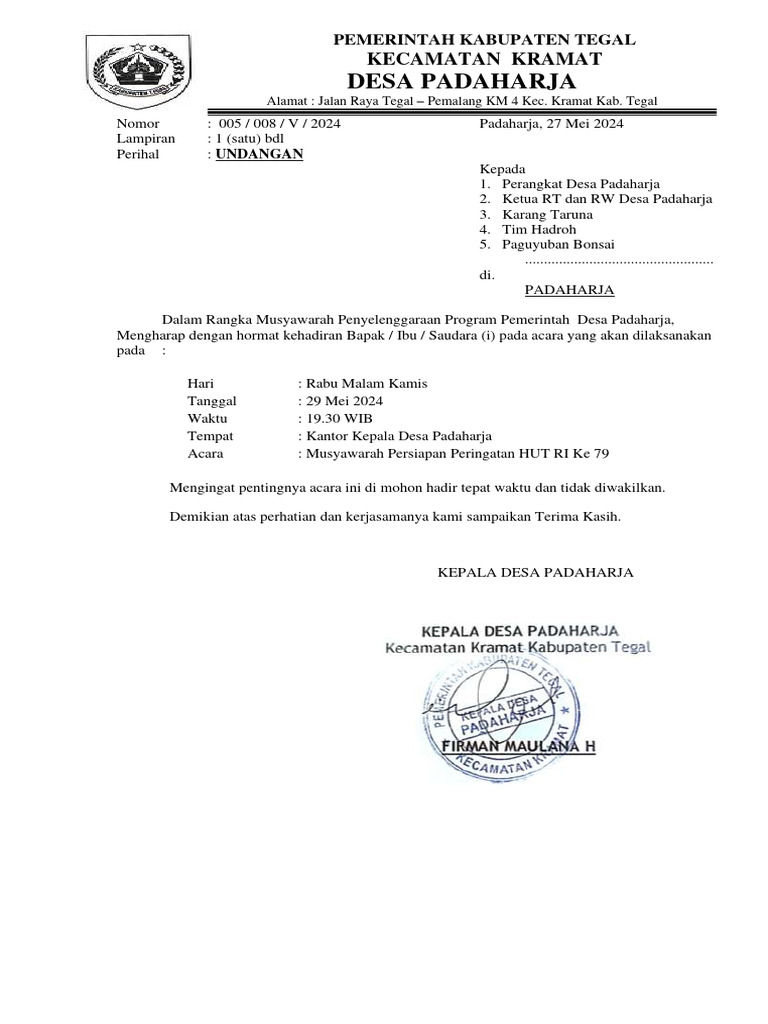 Undangan Musyawarah Desa Padaharja | PDF