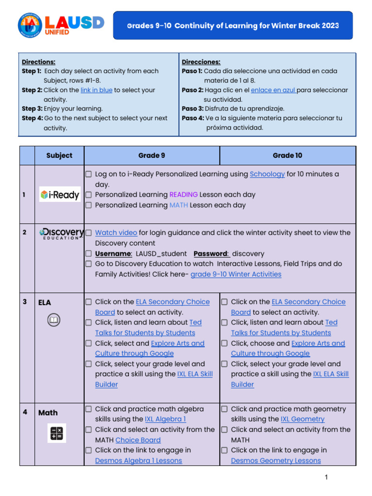 Grades 9th-10th Grade Continuity of Learning Student Care Package Winter 2023 2 1 | PDF ...