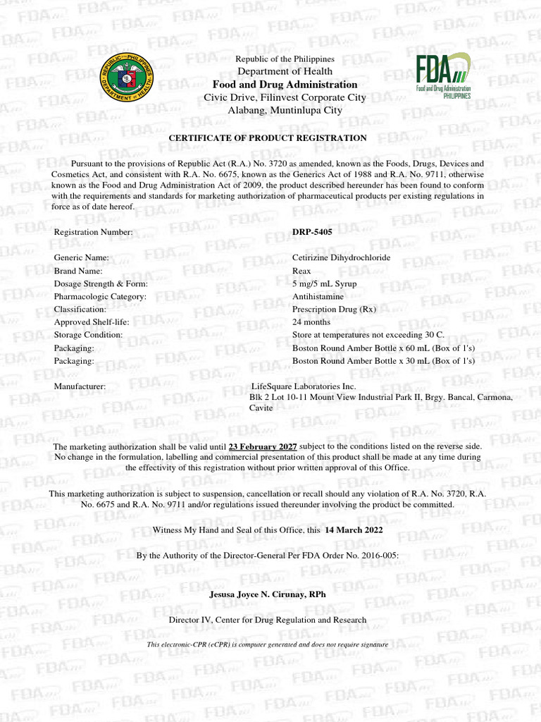 CPR - Reax Syrup - DRP-5405 (02-23-2027) | PDF | Food And Drug ...