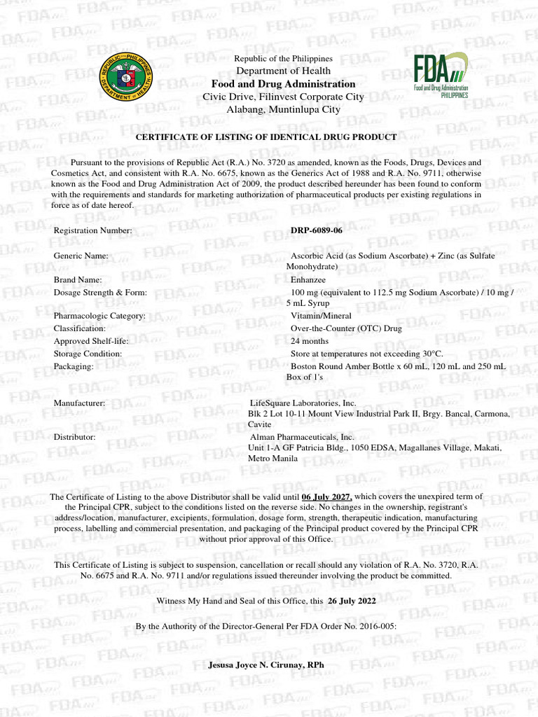 CLIDP - Enhanzee Syrup - DRP-6089-06 (07-06-2027) | PDF | Food And Drug ...