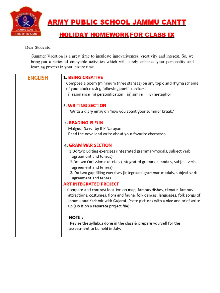 Army Public School Jammu Cantt: Holiday Homework For Class Ix | PDF ...