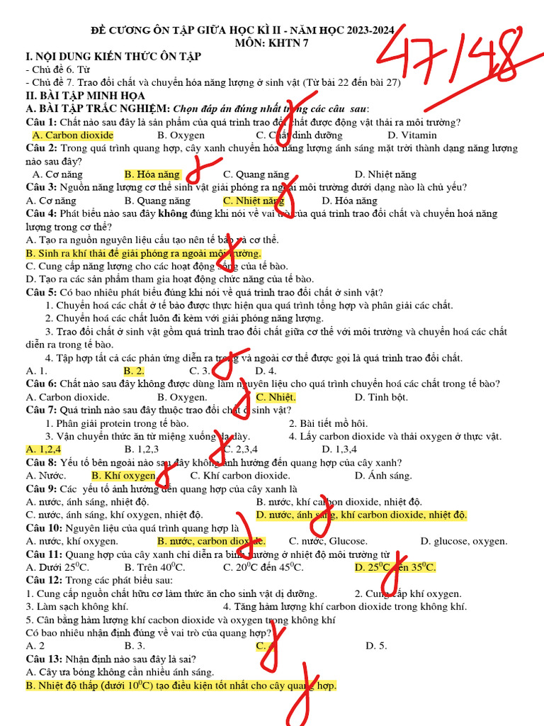 De Cuong Giua Ki 2 - KHTN 7 - LTV - 23-24 | PDF