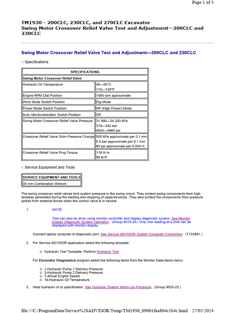 Swing Motor Crossover Relief Valve Test and Adjustment-200CLC and ...