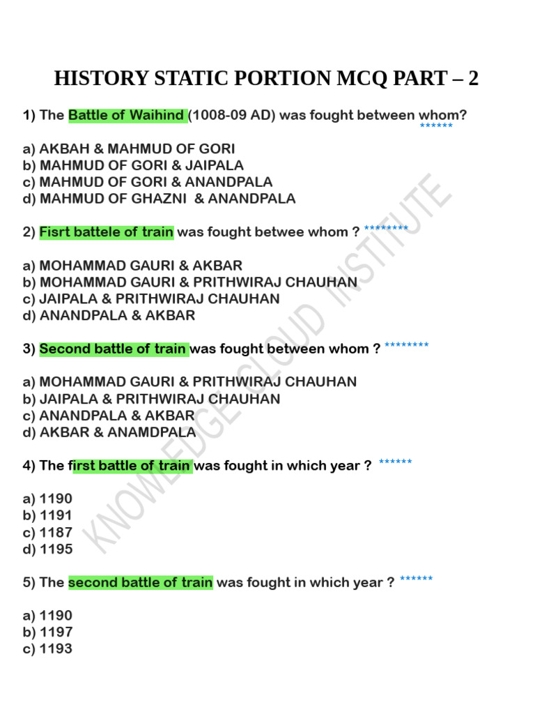 Historystatic Question MCQ Part - 2 | PDF