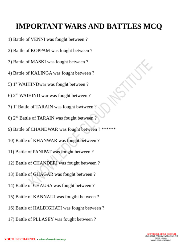 Important Battle and War MCQ PDF | PDF | 2nd Millennium Conflicts ...