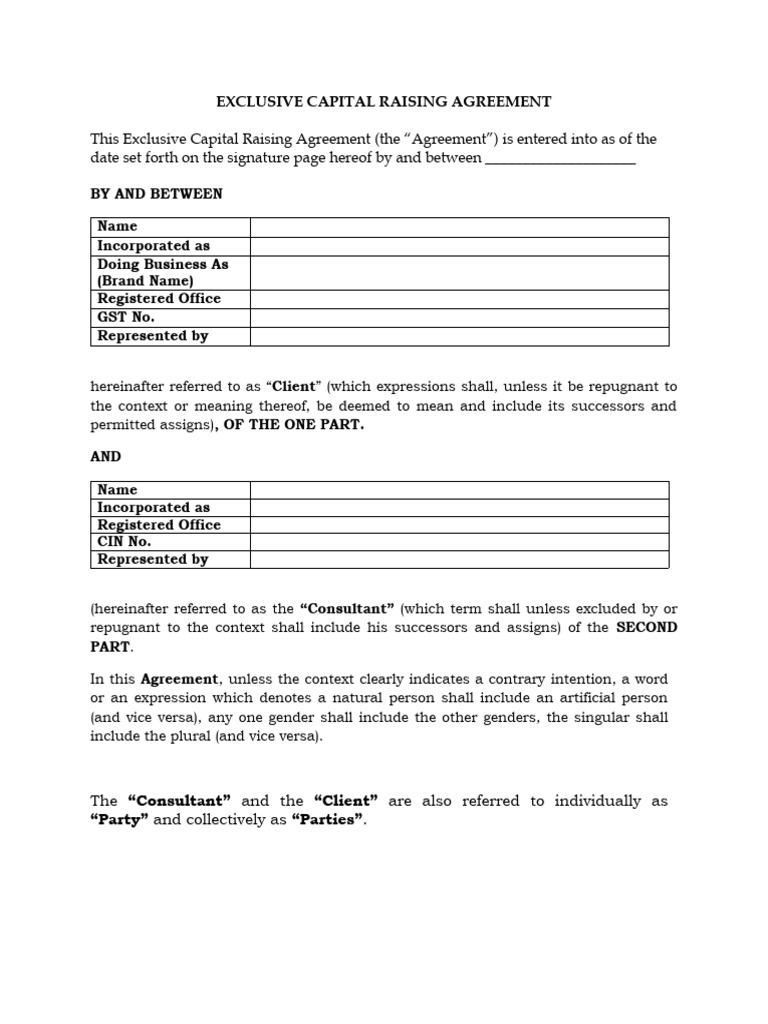 Exclusive Capital Raising Agreement | PDF | Confidentiality | Non ...