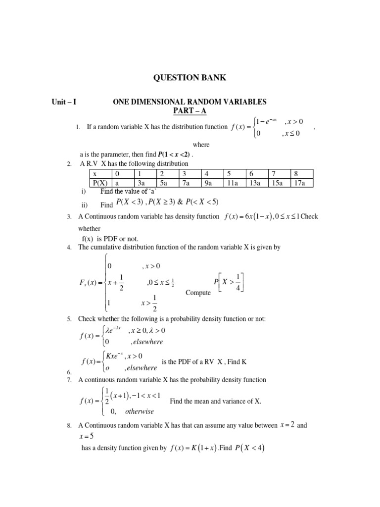 Aps Question Bank-Unit 1&2 | PDF | Probability Density Function | Linear Regression