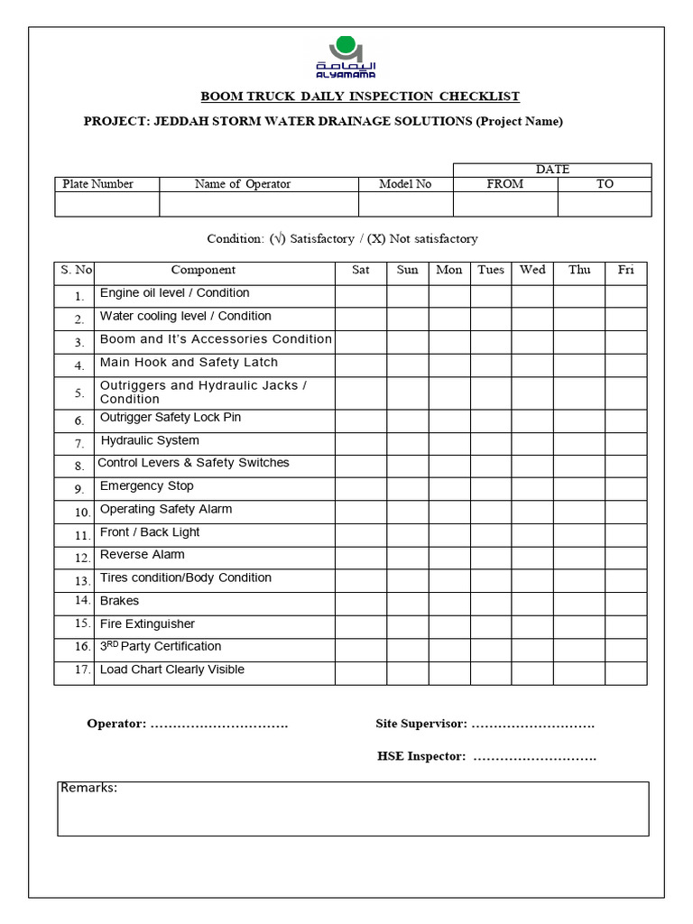 Boom Truck Daily Inspection Checklist | PDF
