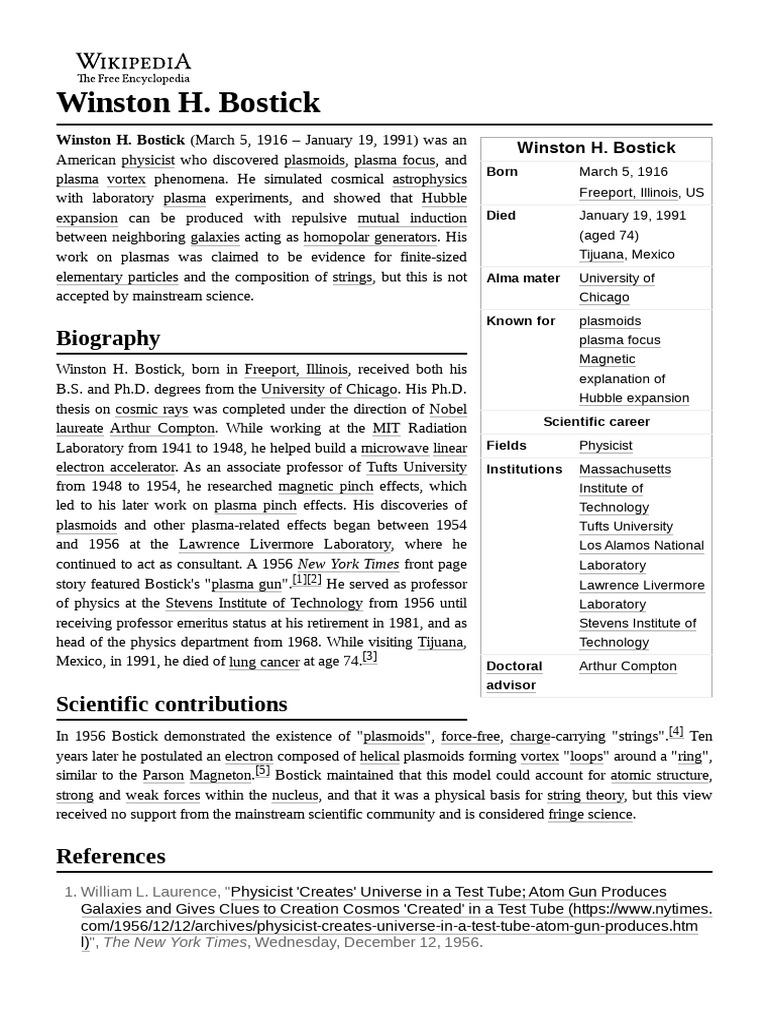 Winston H. Bostick: Biography | PDF | Applied And Interdisciplinary Physics | Astrophysics