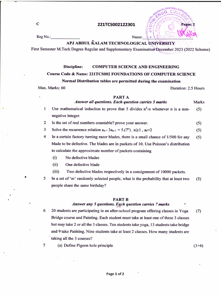 M.Tech Exam: Foundations of CS Q022 | PDF | Numbers | Mathematics