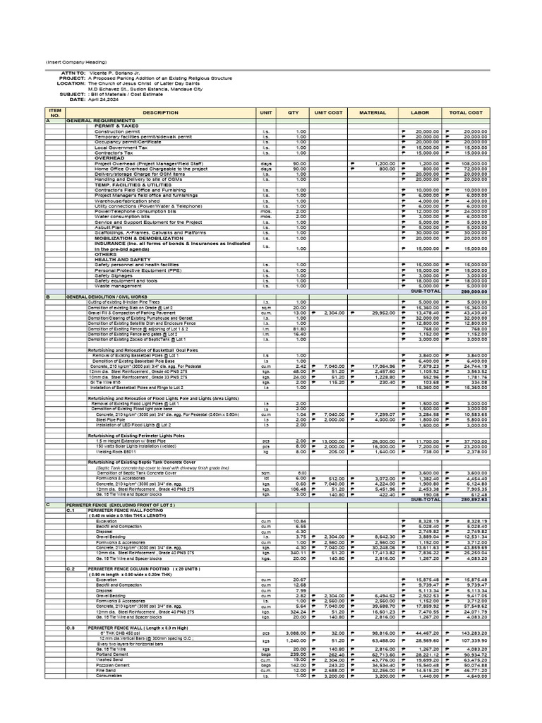Sample BOQ - (JCA051024) | Download Free PDF | Concrete | Civil Engineering