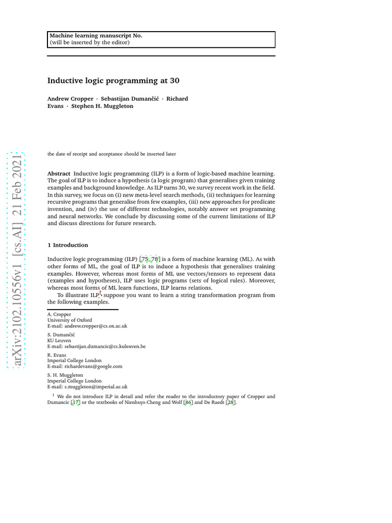2021_Inductive logic programming at 30 | PDF | Mathematical Logic ... 2021_Inductive logic programming at 30 | PDF | Mathematical Logic ...