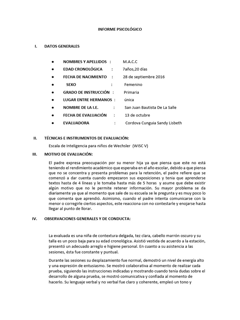 Informe Psicológico Wisc V | PDF | Cociente de inteligencia | Memoria