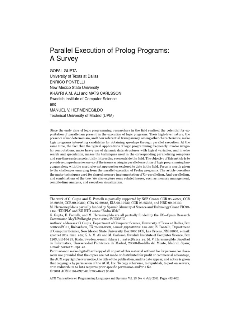 2001 Parallel Execution Of Prolog Programs A Survey Pdf Parallel Computing Computer Program