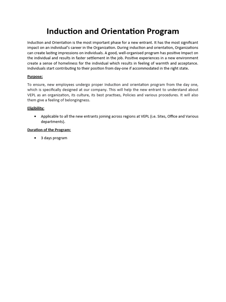 VEPL Induction and Orientation Program | PDF
