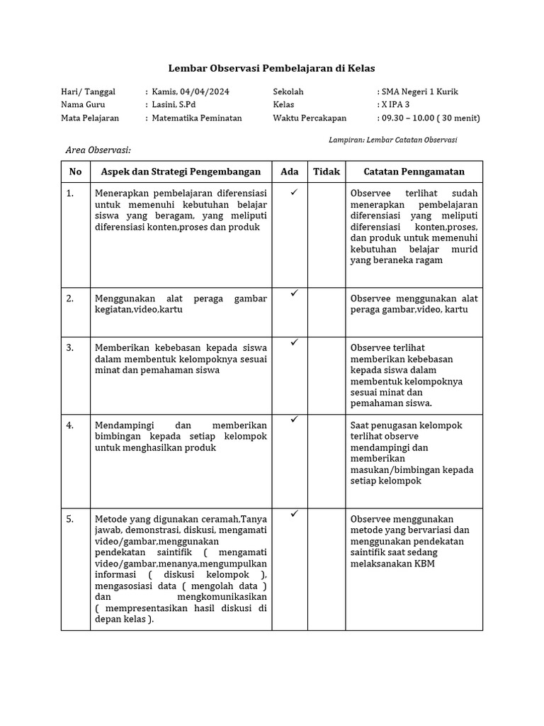 2 - Lembar Observasi Pembelajaran Di Kelas | PDF | Karier & Perkembangan