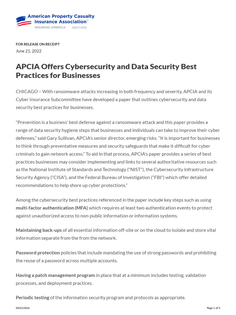 New Release - APCIA Offers Cybersecurity and Data Security Best Practices For Businesses | PDF ...