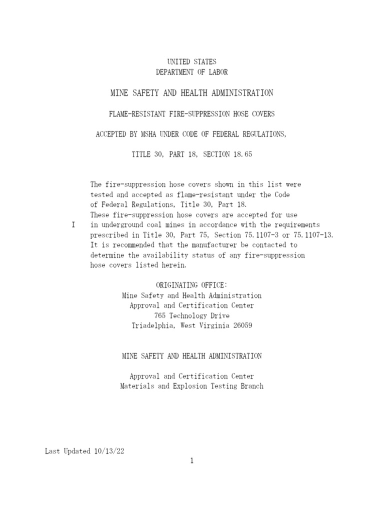 MSHA Title 30 CFR Part 18 Section 18.65 Approval of Flame Resistant ...