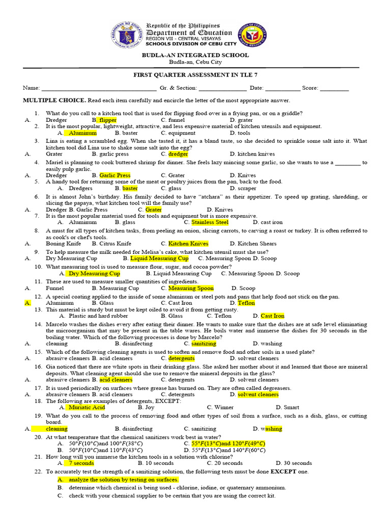 1st Quarter Assessment in TLE 7 | PDF | Disinfectant